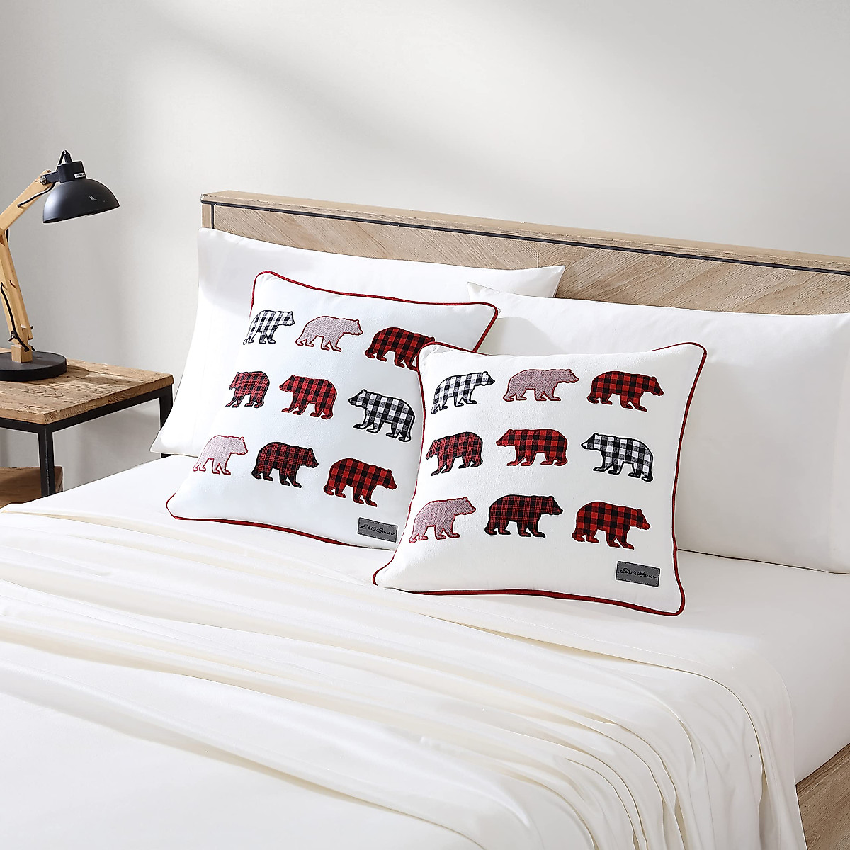 Eddie Bauer - Appliqued Throw Pillow Cover Set, Buffalo Plaid Home Decor, Decorative Pillows for Couch (Cabin Plaid Bear Red/Black, 2 Piece)