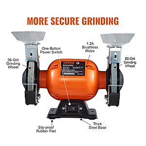 VEVOR Bench Grinder, 6 inch Single Speed Bench Grinder with 2.1A Brushless Motor 3550 RPM Table Grinder with 36/80-Grit Grinding Wheels for Grinding, Sharpening Application