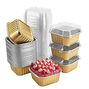50 Pcs Mini Square Baking Cups with Lids,5oz Aluminum Foil Mini Cake Pans with Lids,Disposable Ramekins Cake Pans,150ml Dessert Cups Cupcake Pans for Wedding Birthday Party,Gold