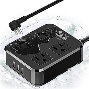 4-Outlet 6FT Extension Cord Outdoor Power Strip with 3 Waterproof USB Port, All-Weatherproof with Switch and 1875W Overload Protection. Ideal for Outdoor Lights. UL Listed, Black