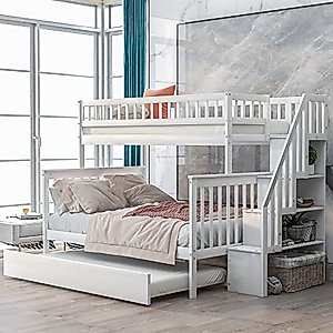 Merax Twin Over Full Bunk Bed with Trundle, Storage Staircase, and Guard Rail, No Box Spring Needed, White