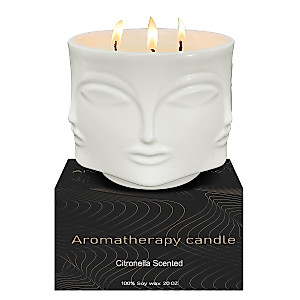 Outdoor Decorative White Large Citronella Candle, 20oz, Ceramic, Repelling 3 Wick Scented Candles, 100% Soy, for Patio Decor, Outside Table Decor, Camping Accessories