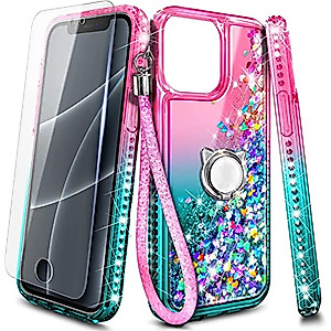 NGB Supremacy Compatible for iPhone 13 Case (6.1 inch) with Tempered Glass Screen Protector, Ring Holder/Wrist Strap, Girls Women Kids Bling Sparkle Liquid Glitter Cute Case (Pink/Aqua)