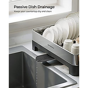 SONGMICS Dish Drying Rack, Stainless Steel Dish Rack with Rotatable Spout, Drainboard, Fingerprint-Resistant Dish Drainers for Kitchen Counter, 12.5 x 22.5 in, Silver and Black UKCS030B01