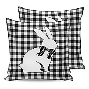 Outdoor Waterproof Throw Pillow Covers 2 Pack Rabbit Easter Bunny Point Bow Square Couch Sofa Cushion Cases White Black Checker Pillowcase Shell for Patio Garden Home Decoration