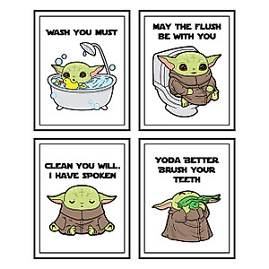 Silly Goose Gifts This Is The Way Bounty Hunter Bathroom Wall Art Print Set - Baby Yoda Movie Themed Bathroom Decor - Funny Bathroom Reminders Quotes - Posters for Walls - Set of 4 (Baby Yoda)