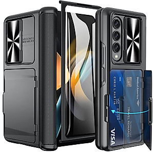 Vihibii for Samsung Galaxy Z Fold 4 5G Case with Card Holder & Sliding Camera Lens Cover, Built-in Hinge Protaction & Screen Protector & Kickstand, Case for Samsung Galaxy Z Fold 4 5G 2022 (Black)