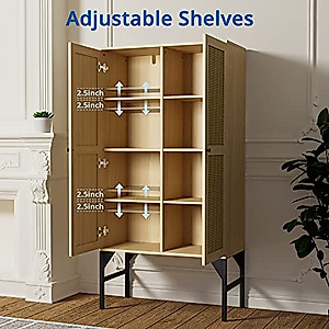 Cozy Castle 63" Rattan Storage Cabinet with Doors and Adjustable Shelves, Tall Accent Pantry Cabinet, Kitchen Cabinet for Dining Room, Living Room, Oak