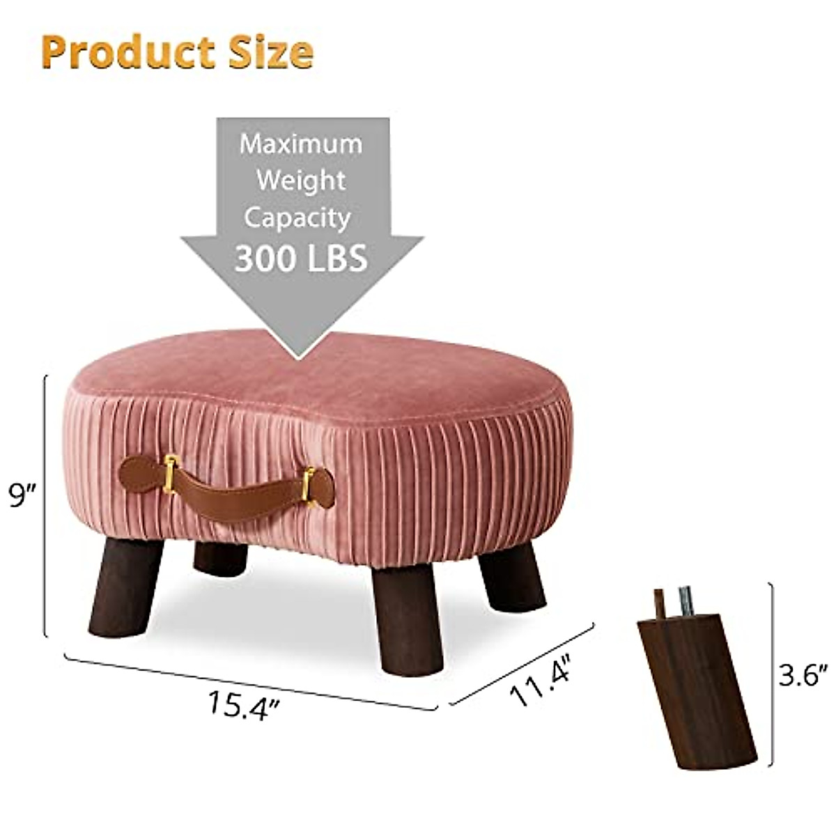 Small Curved Foot Stool with Handle, Pink Velvet Footstool and Ottomans, Modern Foot Rest with Wooden Legs, Step Stool with Padded Seat for Couch, Living Room