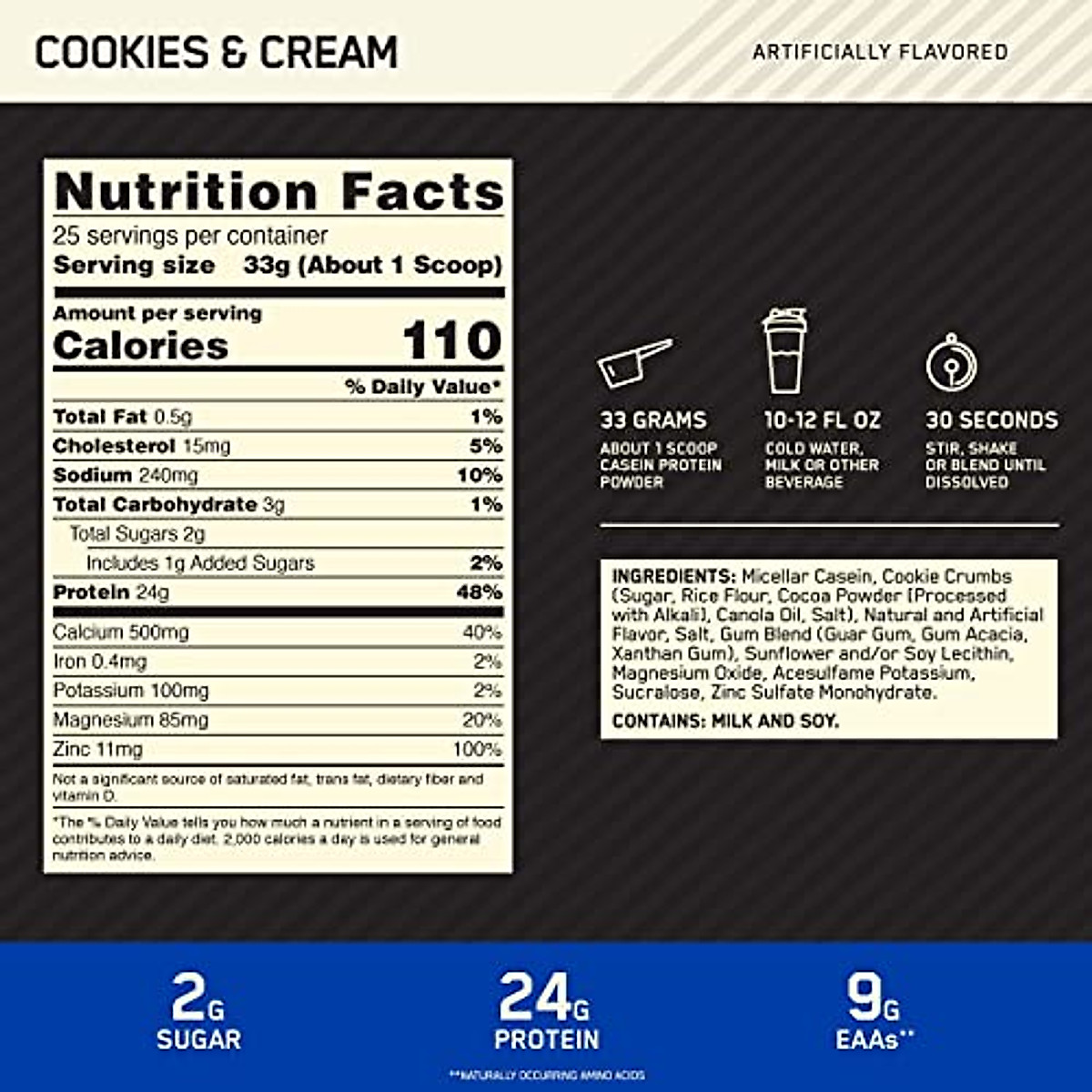 Optimum Nutrition Gold Standard 100% Micellar Casein Protein Powder, Slow Digesting, Helps Keep You Full, Overnight Muscle Recovery, Cookies and Cream, 1.81 Pound (Packaging May Vary)