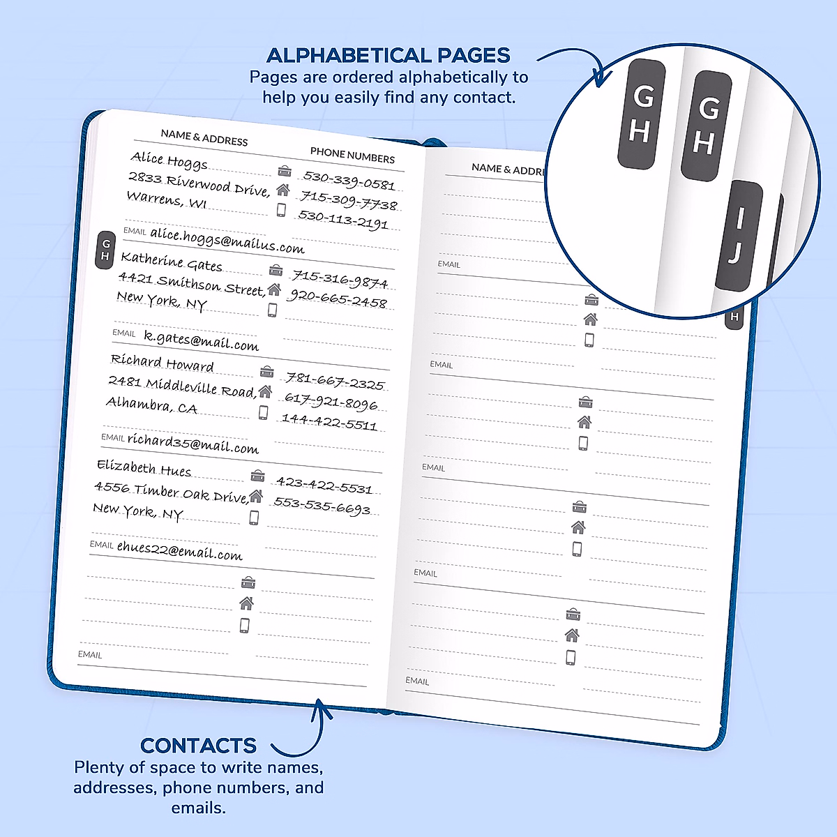 Skyline Address Book – Telephone Contact Book with Password Log & Important Dates Calendar – Phone Number Book for Women & Men – A5 Size, 8.3x5.8″, Hardcover (Mystic Blue)
