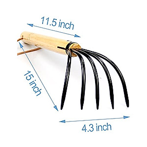 15" Gardeners Claw Rake | Military Grade Steel 6 Tines and Prime Wood Japanese Ninja Claw Garden Rake or Cultivator for Perfect Pulverized and Aerated Soil, Ergonomic Wooden Handle for Firm Grip