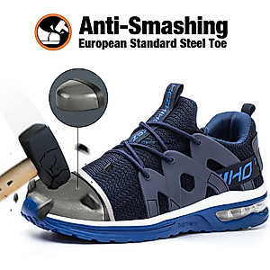 Kezhiho Steel Toe Shoes for Men Women Air Cushion Lightweight Work Shoes Comfortable Breathable Puncture Proof Slip Resistant Sneakers Construction Industrial Safety Shoes (D0230339)