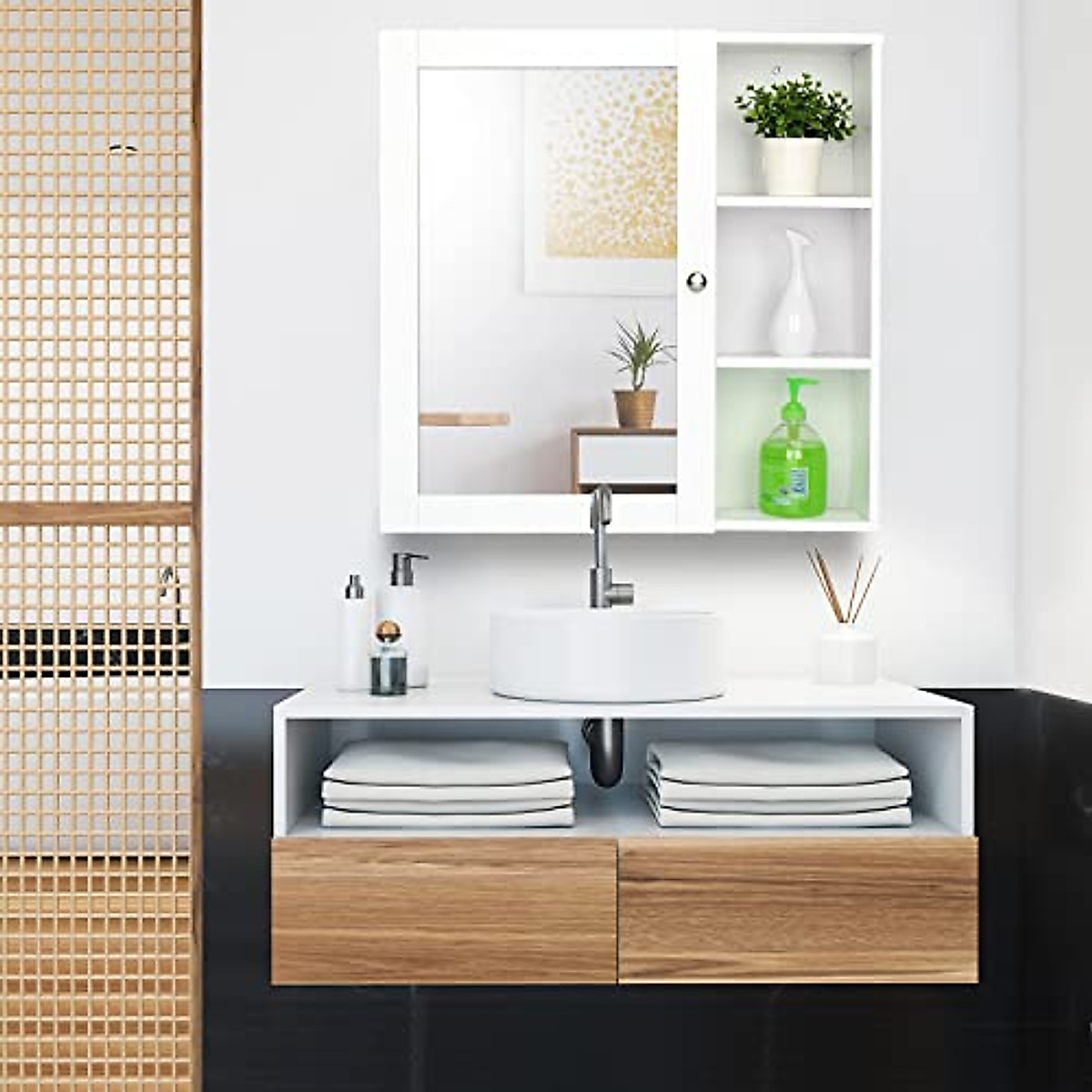 Doredo Bathroom Cabinet Wall Mounted with Mirror, Medicine Cabinets for Bathroom, Wall Cabinets for Bathroom Storage with Adjustable Shelf and 3 Open Shelves, Hanging Bathroom Cabinet, White