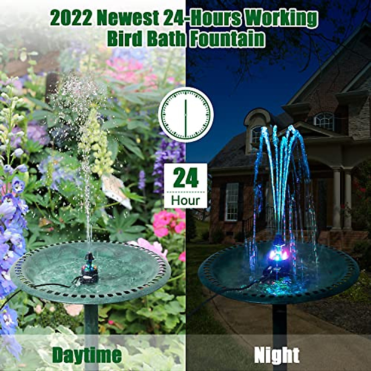 SZMP Bird Bath Fountains, Upgraded 24-Hours Working Bird Bath Fountain Pump with Lights & 7 Nozzle, 16.4Ft Power Cord & Adapter, Adjustable Water Pump for Garden, Pond, Fish Tank, Outdoor (Colorful)