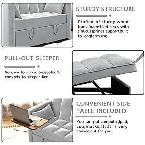 wirrytor 3 in 1 Multi-Functional Convertible Sleeper Sofa Bed, Modern Loveseat Sofa Couch Velvet Pull Out Bed with Reclining Adjustable Backrest &Hidden Table for Apartment Living Room Bedroom,Grey