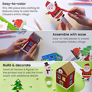 Arteza Kids Christmas Village Kit, 3D Holiday Kit Includes 20 Colorable Cut Out Cardboard Crafts, Glitter Glue, Pom Poms, Markers, Craft Supplies for Family Activities, Winter and Holiday Parties