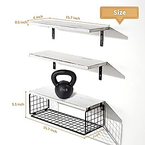 Floating Shelf ,Floating Shelves Wall Mounted Set of 3 ,Solid Wood Floating Shelves with Brackets and Basket Set,Rustic Wood Wall Shelves for Kitchen Living Room,Bedroom Shelves,Bathroom Shelf (White)