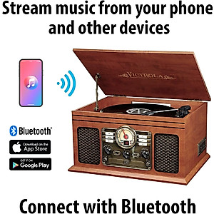 Victrola Nostalgic 6-in-1 Bluetooth Record Player & Multimedia Center with Built-in Speakers - 3-Speed Turntable, CD & Cassette Player, FM Radio | Wireless Music Streaming | Mahogany