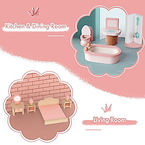 Abellzos Wooden Dollhouse Furniture Set, 24 PCS Miniature Doll House Accessories with Dining Room, Living Room, Bedroom, and Bathroom, Birthday Gift Toys for Toddlers Girls Boys Age 3+