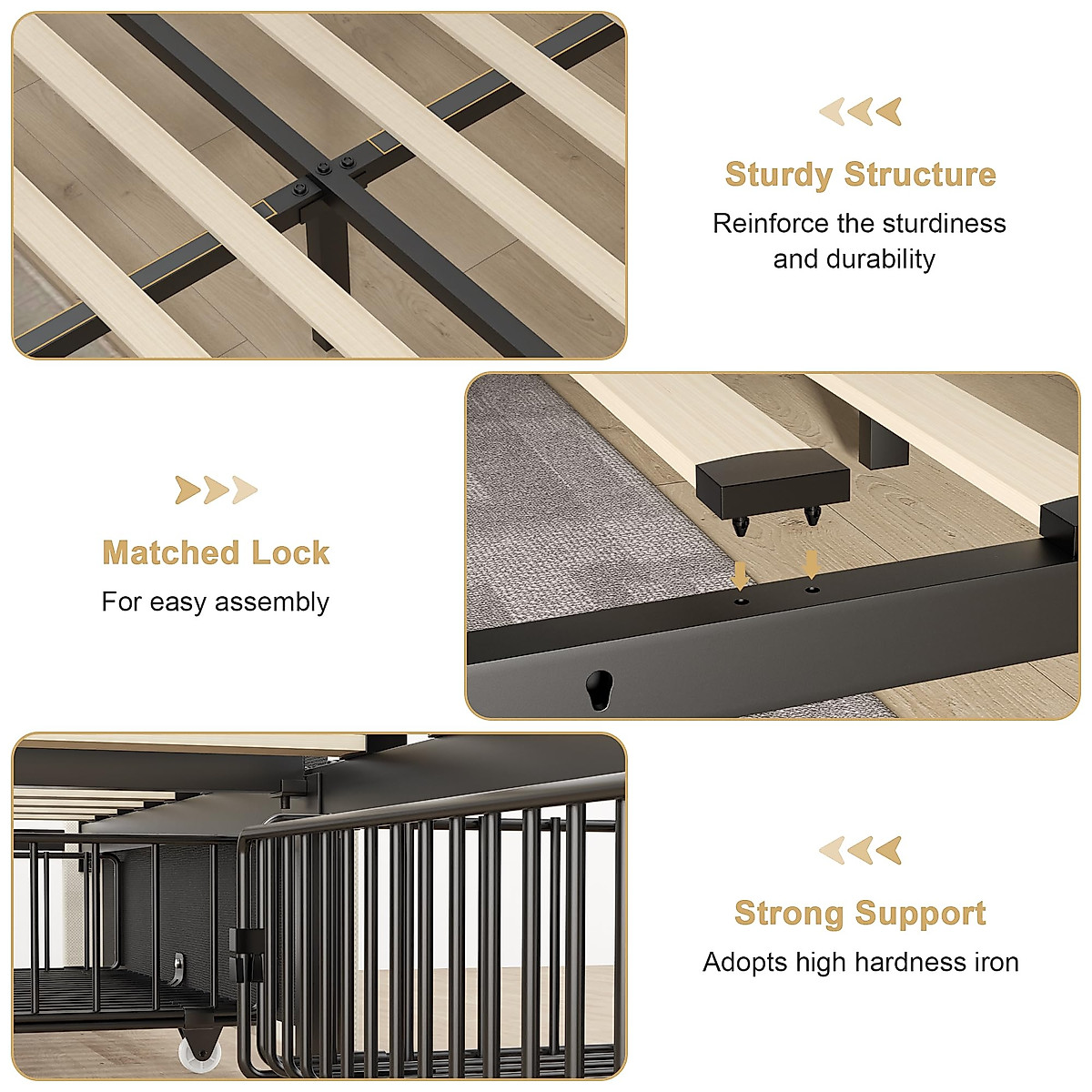 Queen Bed Frame with 4 Storage Drawers, Modern BedFrame with Rivet Adjustable Headboard, Platform Mattress Foundation, Metal Frame Structure with Wooden Slats Support, No Box Spring Needed, Beige
