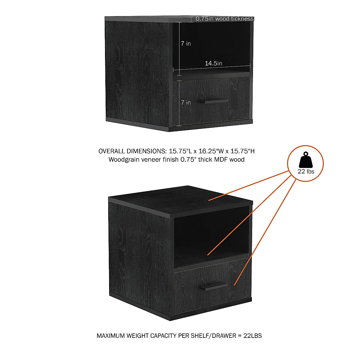 Lavish Home End Table - Stackable, Contemporary, and Minimalist Modular Cube Accent Table with Drawer - for Bedroom, Living Room, or Office (Black)