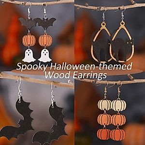 Yomlry Halloween Earrings for Women Pumpkin Black Cat Halloween Jewelry Ghost Bat Spooky Dangle Earrings for Halloween Eve Party Accessories Double-sided Holiday Wood Earrings Set Jewelry Gift black cat