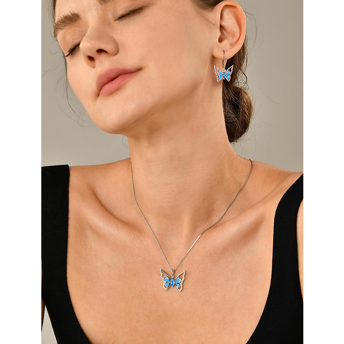 YL Butterfly Necklace for Women 925 Sterling Silver Created Aquamarine Butterfly Pendant Jewelry Gifts