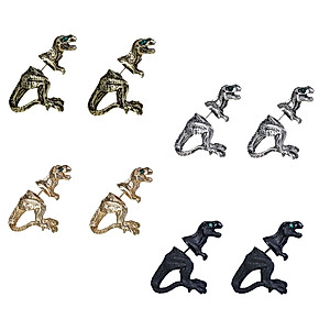 JGFinds Dinosaur 3D Earrings, T-Rex - 4 Sets, Bronze, Silver Tone, Gold Tone, Black, 1 1/2" length, Tyrannosaurus Rex Earrings With Rhinestone Eyes, Cute Animal Trex Dino