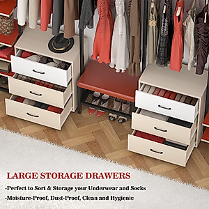 Cyclysio 96'' Heavy Duty Closet System, Large Wooden Garment Rack, Wall Mounted Walk-in Closet, Clothing Rack with Shelves, Closet Organizer System with Stool, 14 Shelves, 6 Drawers, 4 Rods, Black