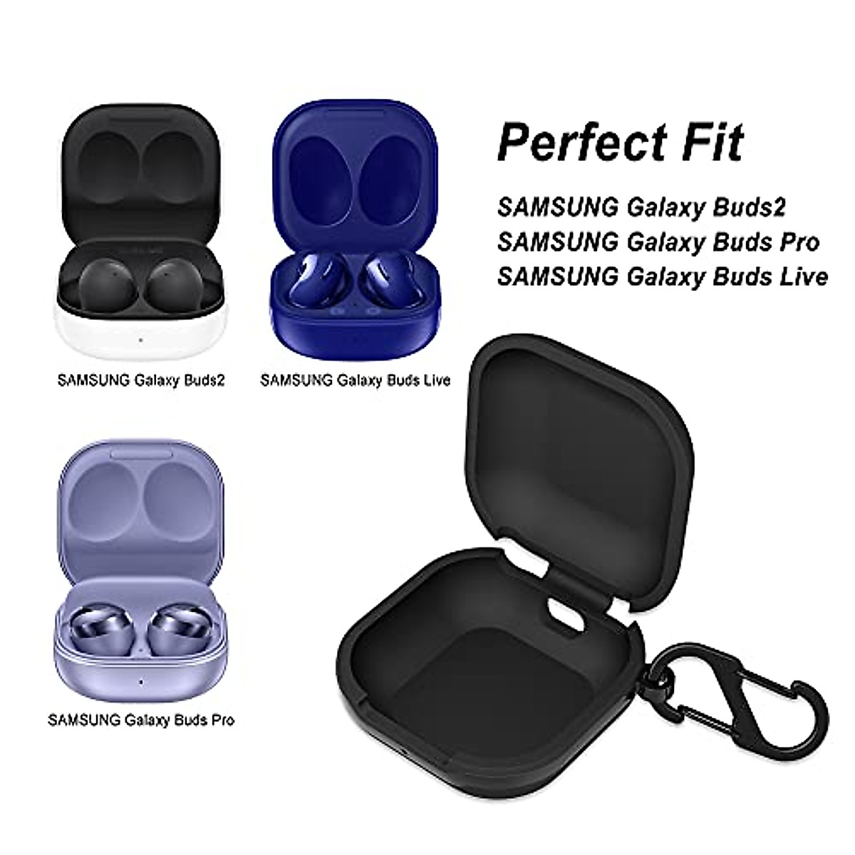 Geiomoo Silicone Carrying Case Compatible with Galaxy Buds2, Galaxy Buds Pro, Galaxy Buds Live, Portable Scratch Shock Resistant Cover with Carabiner (Black)