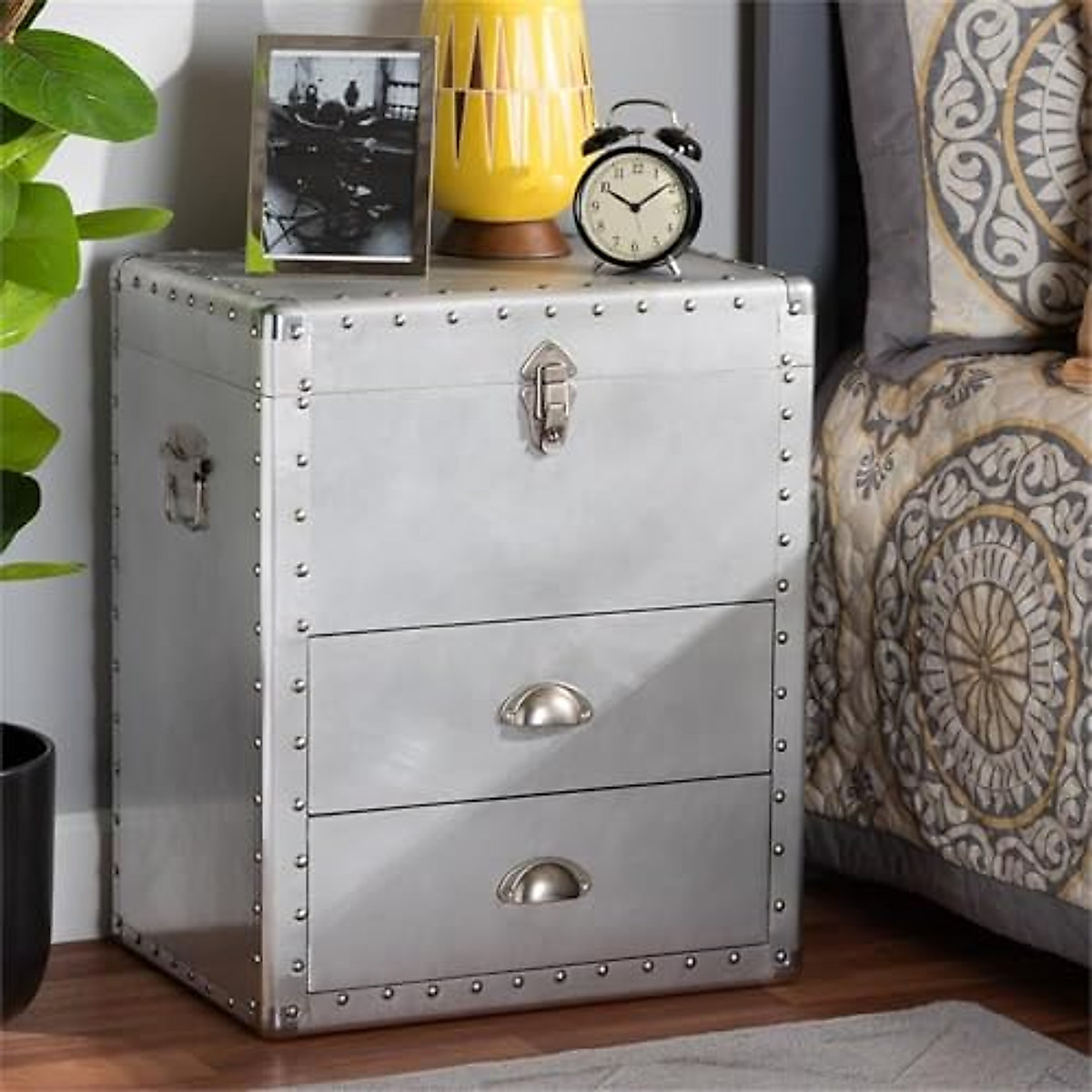 Baxton Studio Serge French Industrial Silver Metal 2-Drawer Accent Storage Chest