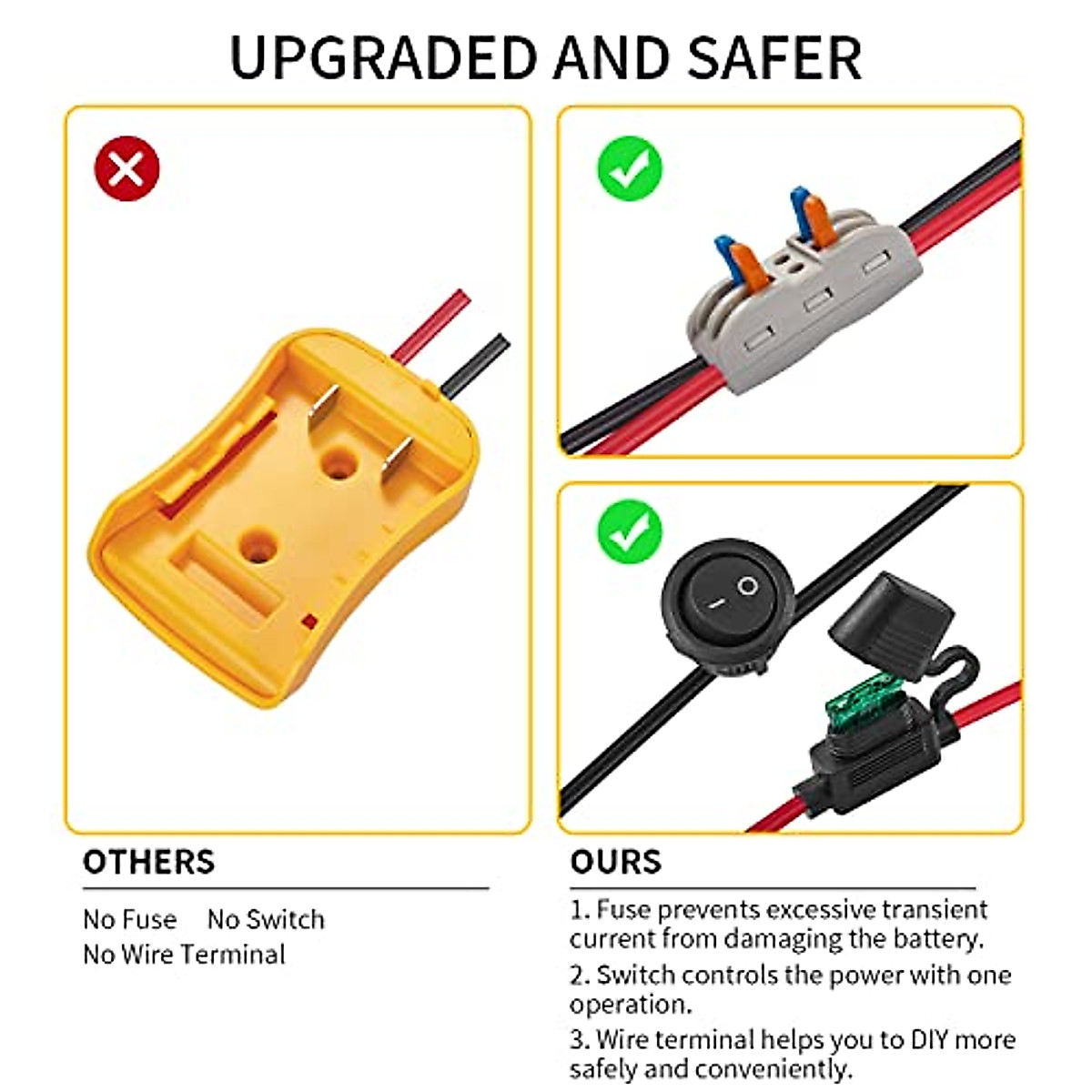 2 Pack Power Wheel Adapter for Dewalt 20V Battery Series with Fuse, Switch & Wire Terminal, 3Pcs 30A Fuse, 12 AWG Wire Battery Converter Connector DIY for RC Toys, Robotics, Truck and Work Lights (2)