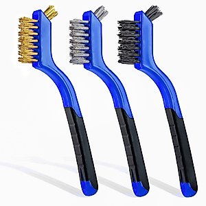 Lavaxon Wire Brush Set 3Pcs - Nylon/Brass/Stainless Steel Bristles with Curved Handle Grip for Rust, Dirt & Paint Scrubbing with Deep Cleaning – 7 Inches (Green)