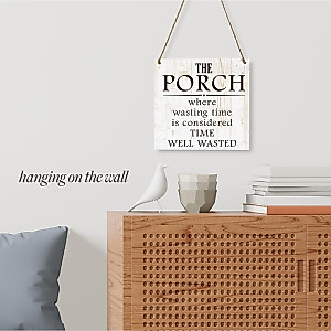 Rustic Porch Theme Decor Wooden Sign, Farmhouse the Porch Where Wasting Time Wood Hanging Wall Decorations for Home 7.1 x 7.1 Inches - Rustic Summer Artwork Sign