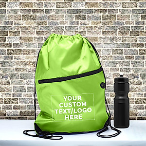 Discount Promos Custom Drawstring BackPacks with Pocket Set of 50, Personalized Bulk Pack - Water Resistant, Perfect for Gym, Camping, Beach, Outdoor Sports - Lime Green