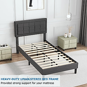 VECELO Twin Size Upholstered Bed Frame with Height Adjustable Fabric Headboard, Heavy-Duty Platform Bedframe/Mattress Foundation/Strong Wood Slat Support/No Box Spring Needed, Dark Gray
