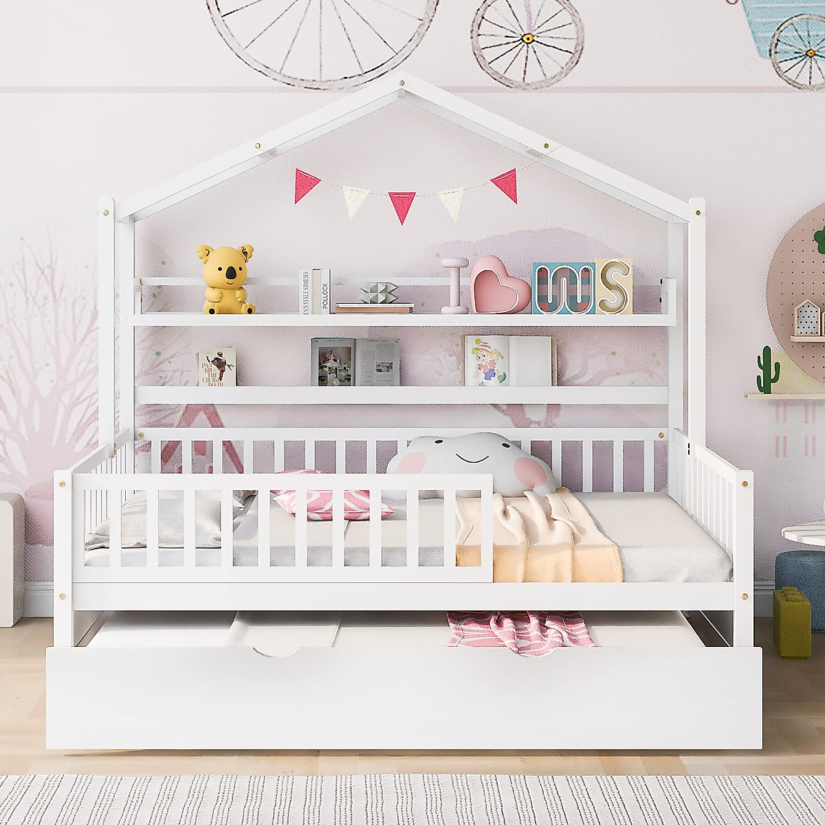 Merax Full Size House Bed with Trundle, Wooden Full Size Platform Bed Frame with Shelf, No Box Spring Needed, White