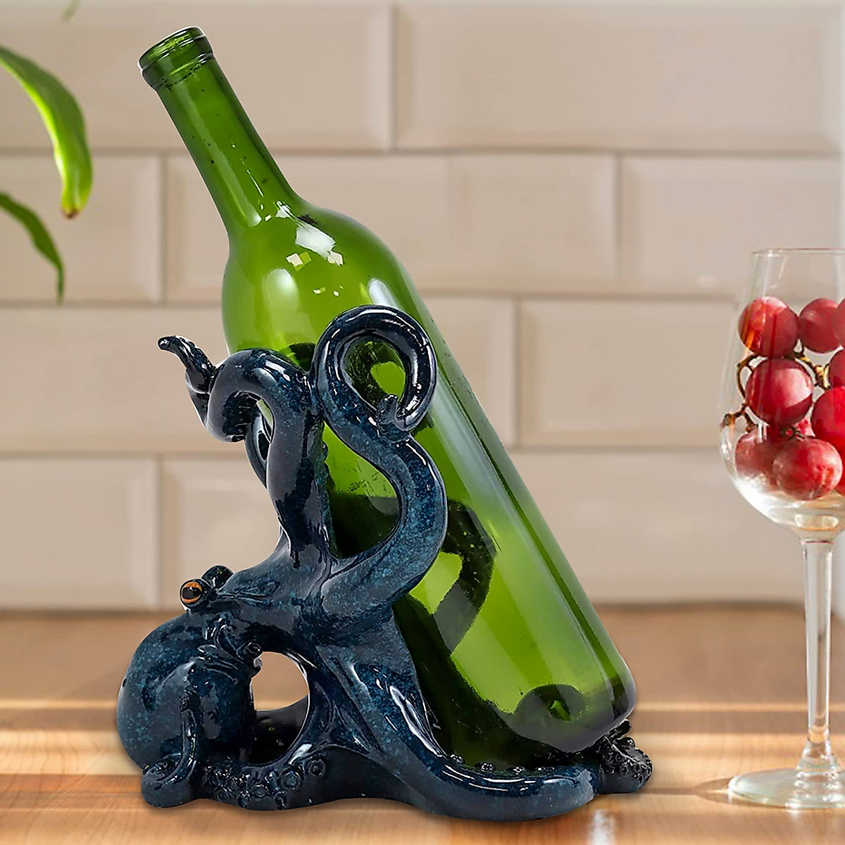 Octopus Wine Holder Figurine Countertop Bar Decor Octopus Sculpture Single Wine Holder (Blue)