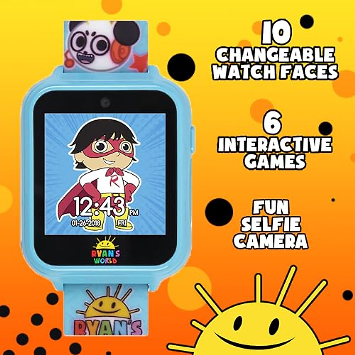 Ryan’s World Interactive Kids Smartwatch - 10 Fun Watch Faces, Built-in Games, Camera, Alarm, Stopwatch, Calculator, Step Counter & More - Perfect for Boys and Girls - Fits Wrists 5.5'' to 8.0"