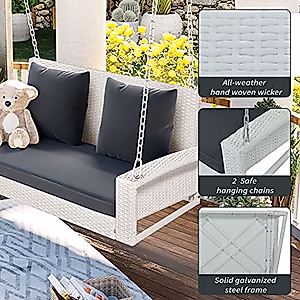 2-Person Patio Porch Swing Bench w/Cushions and Pillows, Outdoor Rattan Swing Chair w/Steel Chains, Wicker Hanging Porch Bench for Deck & Poolside, 50 inch, White with Gray