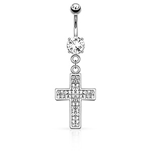 Dynamique Gem Paved Cross Dangle Belly Button Navel Ring (Sold Per Piece)
