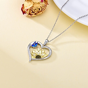 MBSUUH Sunflower Heart Necklace with Blue Butterfly Sterling Silver Sunflower Necklace for Women Teen Girls Mother's Day Jewelry Gifts
