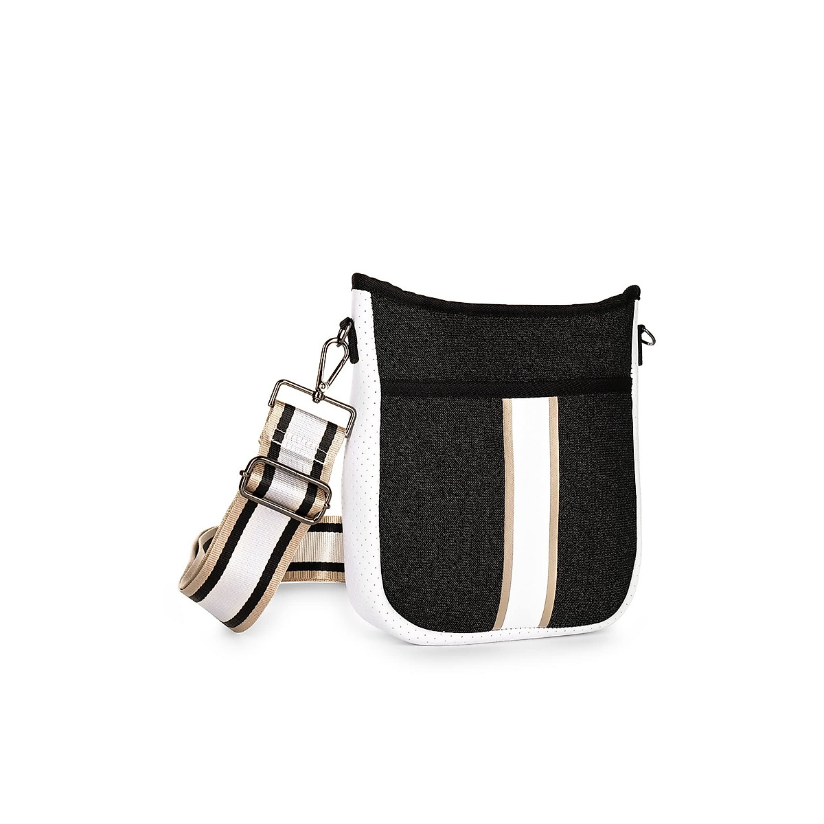 Haute Shore - Jeri Bravo Crossbody Tote, Black Denim W/Rosegold & White Stripe