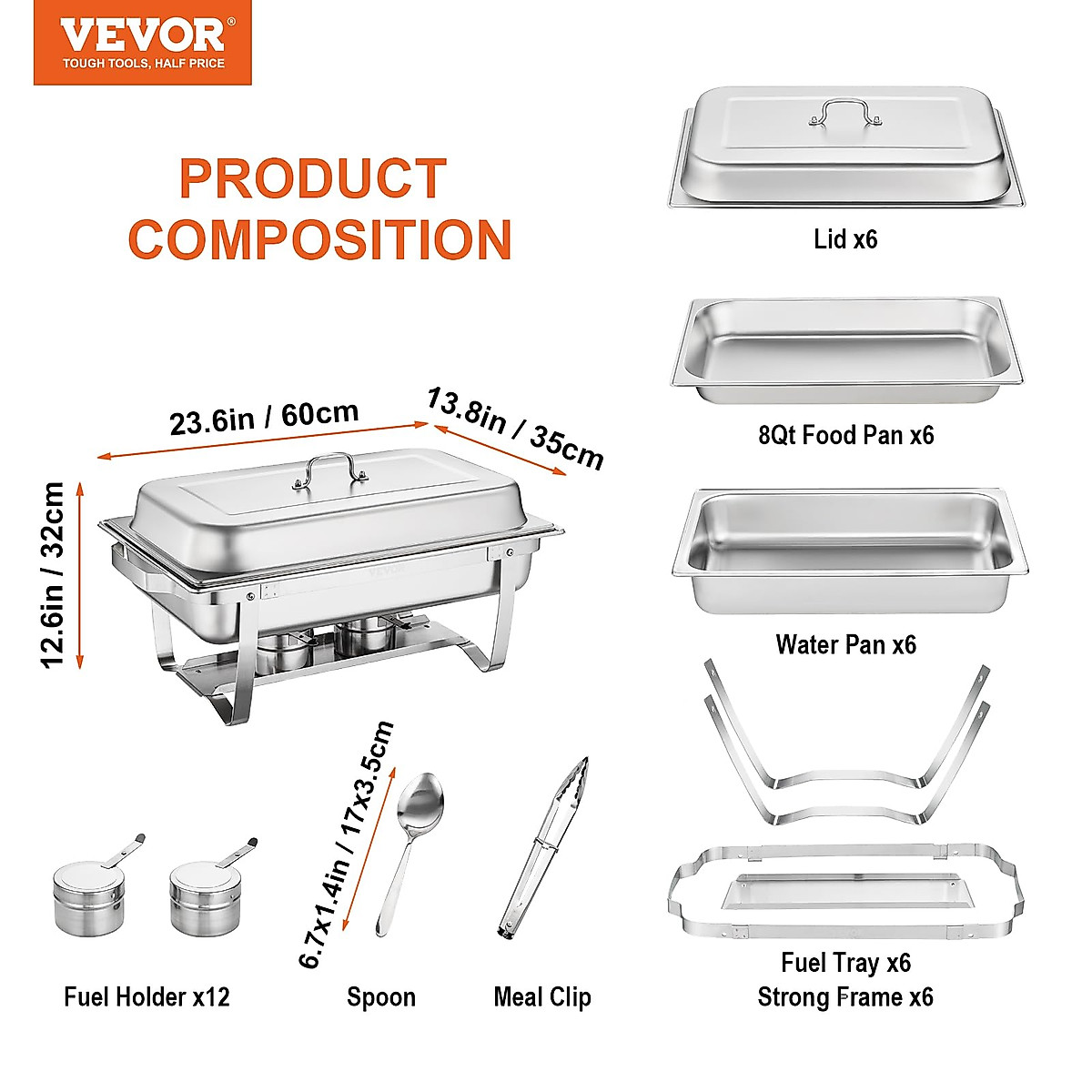 Vevor 8 Quart Chafing Dish Buffet Set Full Size Rectangular Chafer for Catering, 6 Packs, Silver : Home & Kitchen