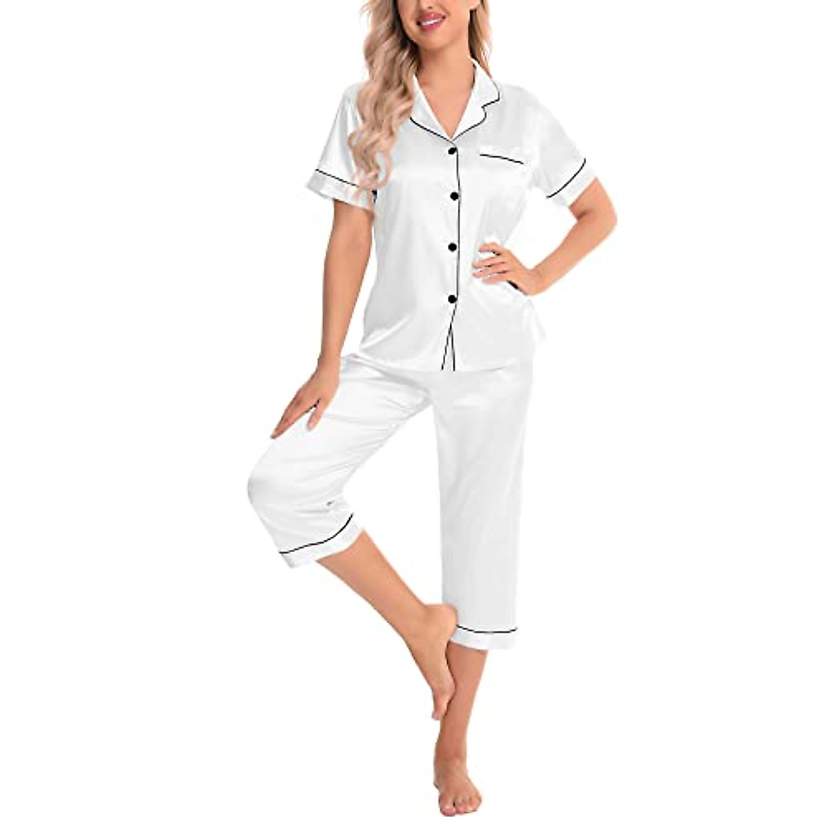SWOMOG Satin Pajama Set Women Silk Pjs Set Short Sleeve 2 Piece Button Down Sleepwear Lounge Sets White