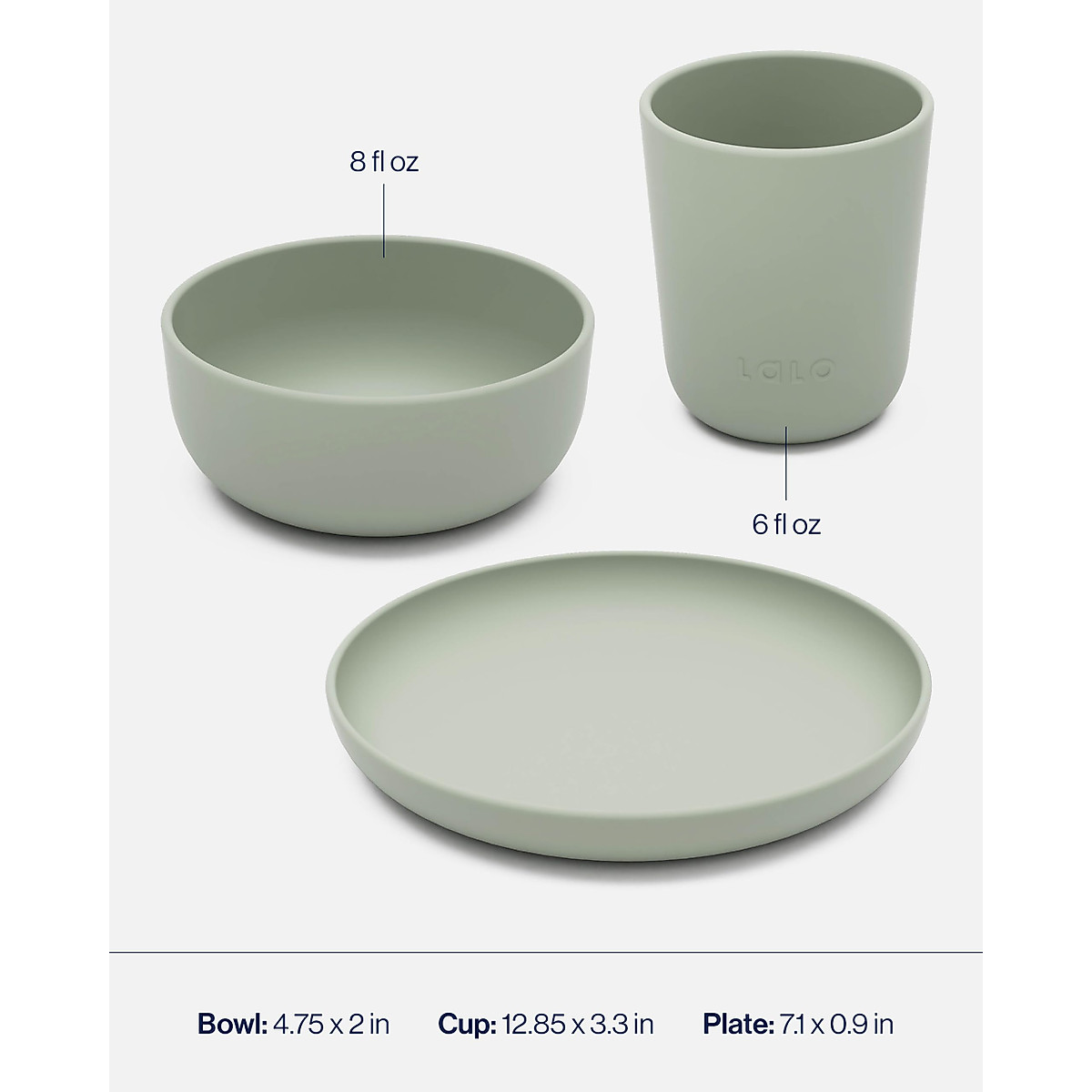 Lalo Big Bites Kids Dinnerware Full Set - Dishwasher Safe, BPA Free, Kids Tableware Set - Includes Stackable Bowl, Plate, Utensils & Cup - 7 Pieces - Sage