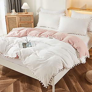 Bedbay Pink and White Duvet Cover Girls Bedding Twin Preppy Bedding Boys Kids Cute Pom Pom Bedding Set Aesthetic Room Decor Ultra Soft Microfiber Boho Bedding Set(White&Pink,Twin)