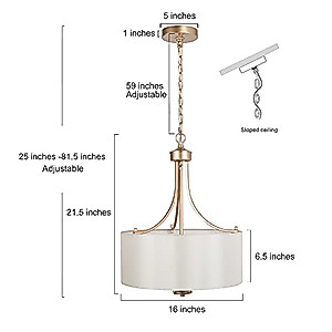 classy leaves Gold Chandelier Light Fixture, 4-Light Modern Drum Chandelier Lighting, Gold Pendant Light with White Fabric Shade for Dining Room, Kitchen Island, Foyer, Living Room, 16’’ D x 21.5’’ H