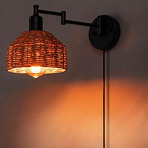 Plug in Wall Sconces, Swing Arm Wall Lamp with Natural Paper String Lampshade Set of 2, Vintage Adjustable Wall Mounted Sconce Wall Lighting Fixture for Bedroom,Bedside,Kitchen,Living Room,Reading